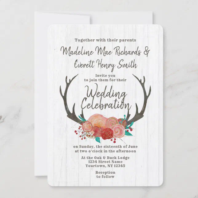 Rustic Boho Deer Antler Floral Wedding Invitation | Zazzle