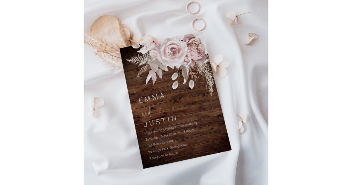 Rustic Boho Dusty Rose Blush Floral Wedding Invitation | Zazzle