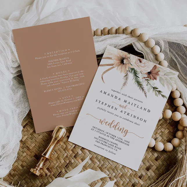Rustic Boho Elegant Floral Front & Back Wedding Invitation | Zazzle