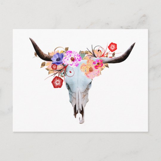 Rustic Boho Floral Longhorn Skull Postcard | Zazzle.com
