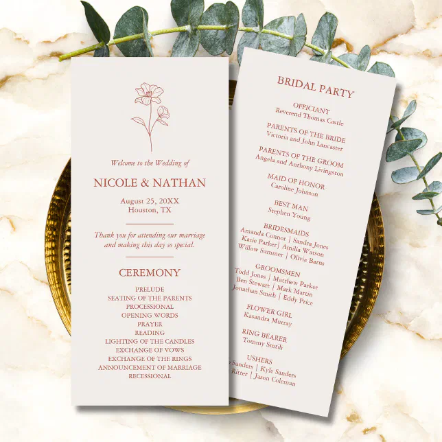 Rustic Boho Flower Terracotta Brown Wedding Program | Zazzle