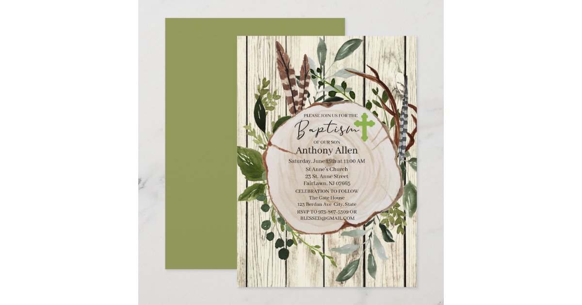 Rustic Boho Greenery Baptism Invitation | Zazzle