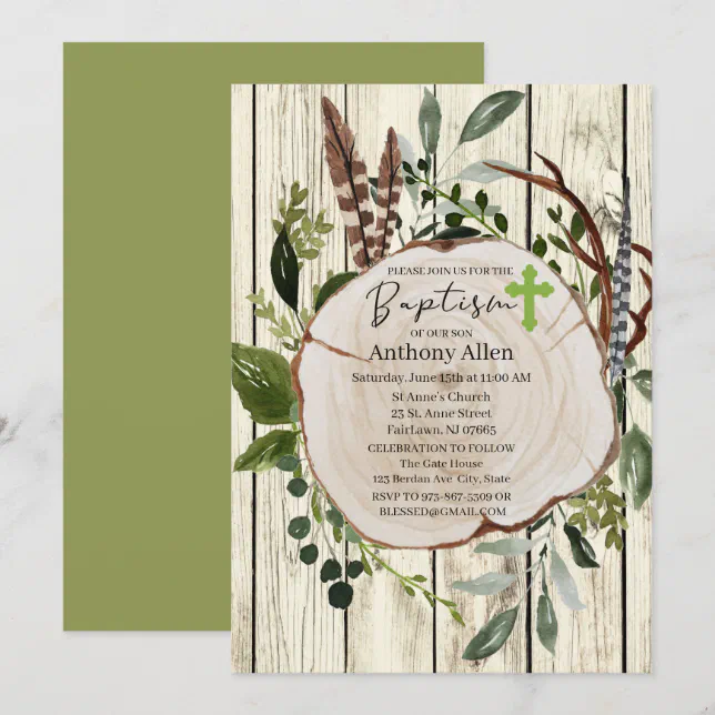 Rustic Boho Greenery Baptism Invitation | Zazzle