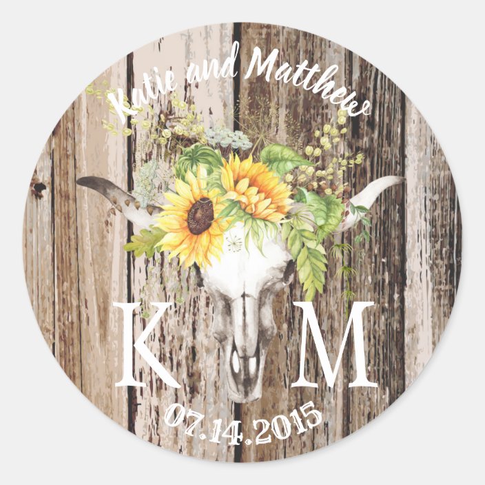 Rustic Boho Longhorn Sunflower Monogram Wedding Classic Round Sticker ...
