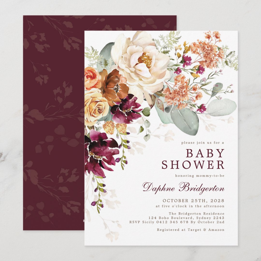 Rustic Boho Maroon Burnt Orange Floral Baby Shower Invitation | Zazzle