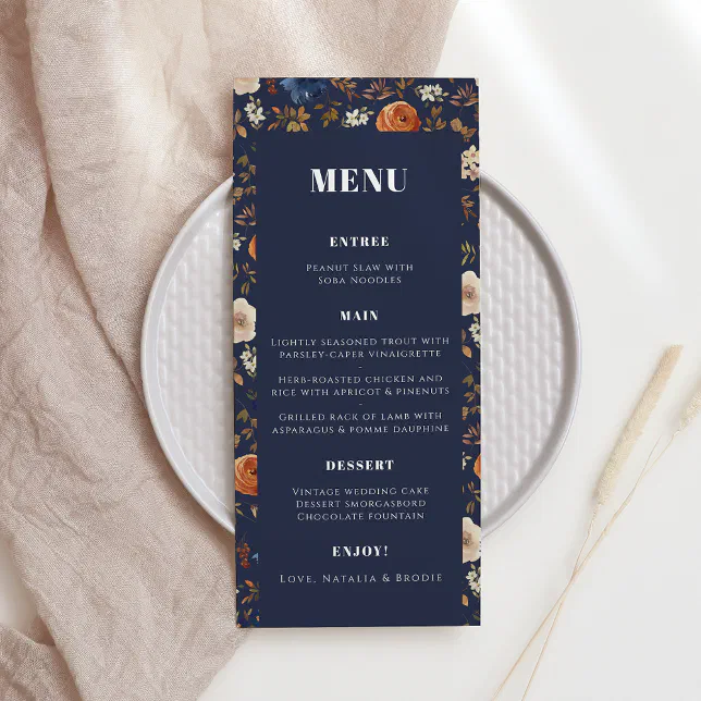 Rustic Boho Navy Rust French Country Wedding Menu | Zazzle