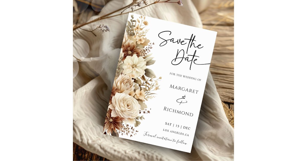 Rustic Boho Neutral Floral Wedding Save The Date Invitation | Zazzle
