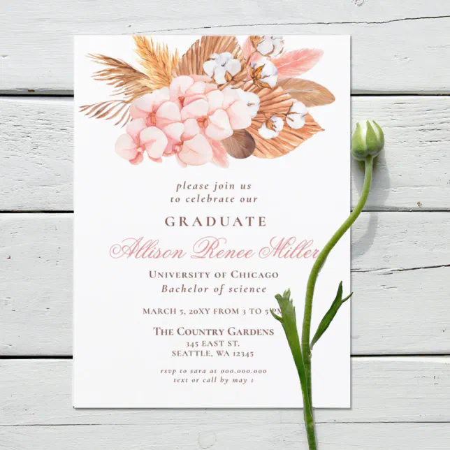 Rustic Boho Pampas Blush Floral Graduation Party Invitation | Zazzle