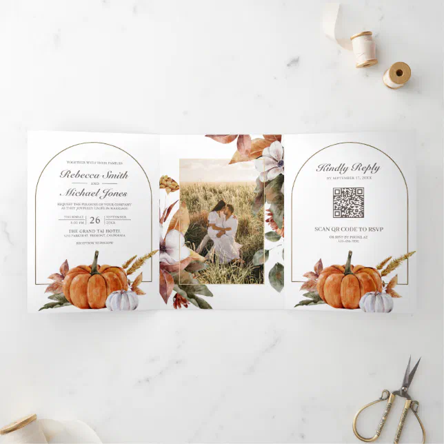 Rustic Boho Pumpkin Photo QR Code Wedding Tri-Fold Invitation | Zazzle
