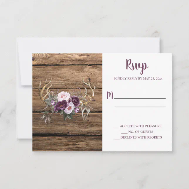Rustic Boho Purple Plum Peonies Antlers RSVP Card | Zazzle