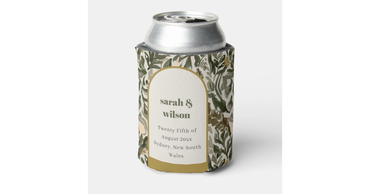 Rustic Boho Retro Arch Green Botanical Wedding Can Cooler | Zazzle