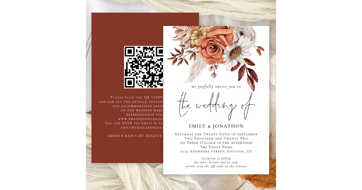 Rustic Boho Terracotta Fall Floral QR Code Wedding Invitation | Zazzle
