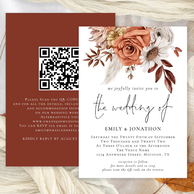 Rustic Boho Terracotta Fall Floral QR Code Wedding Invitation | Zazzle
