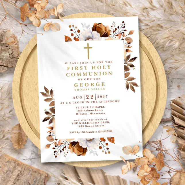Rustic Boho Terracotta Floral First Holy Communion Invitation | Zazzle