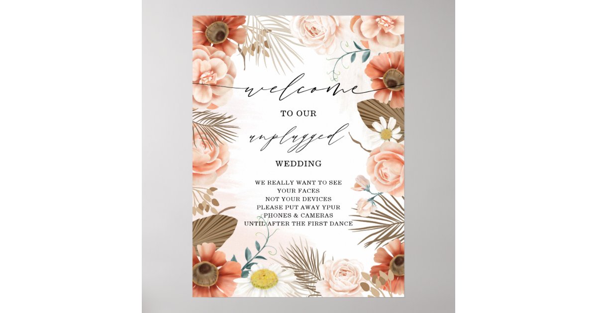 Rustic Boho Terracotta Floral Unplugged Wedding Poster | Zazzle