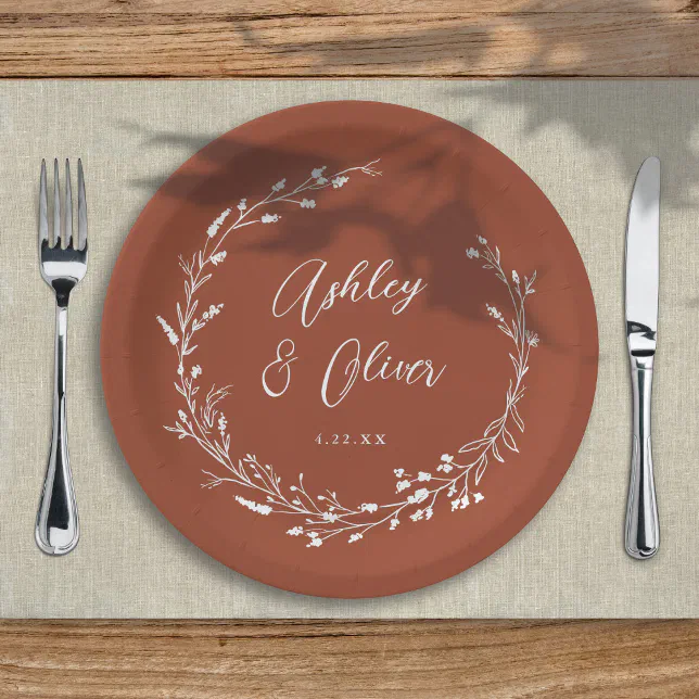 Rustic Boho Terracotta Wildflower Floral Wedding Paper Plates | Zazzle