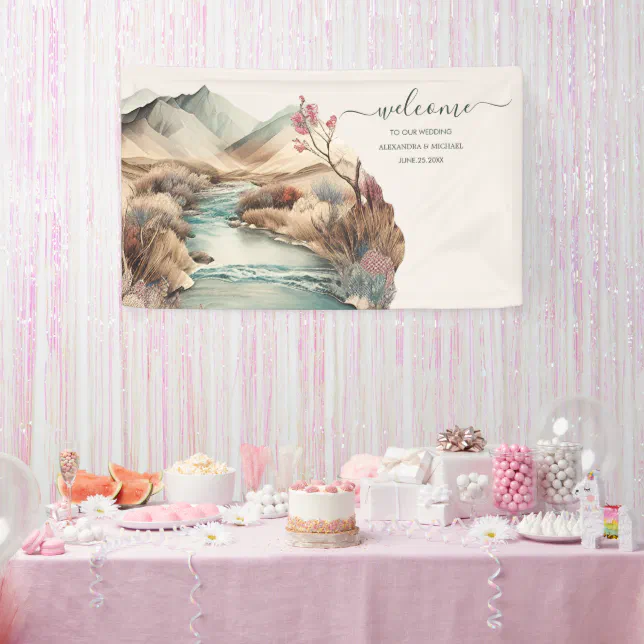 Rustic Boho Watercolor Mountain Wedding Banner | Zazzle