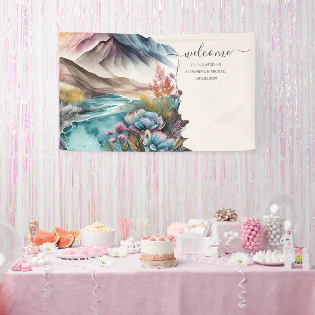 Rustic Boho Watercolor Mountain Wedding Banner | Zazzle