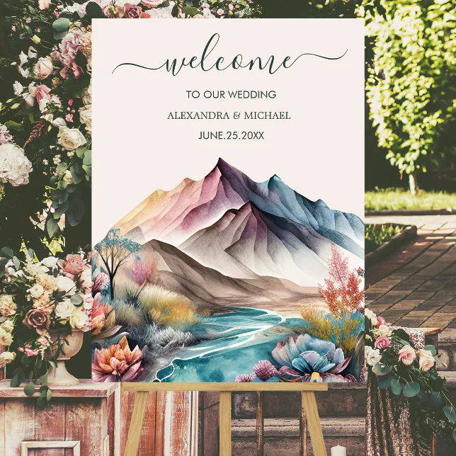 Rustic Boho Watercolor Mountain Wedding Foam Board | Zazzle