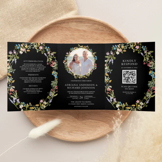 Rustic Boho Wildflower Photo QR Code Black Wedding Tri-Fold Invitation ...