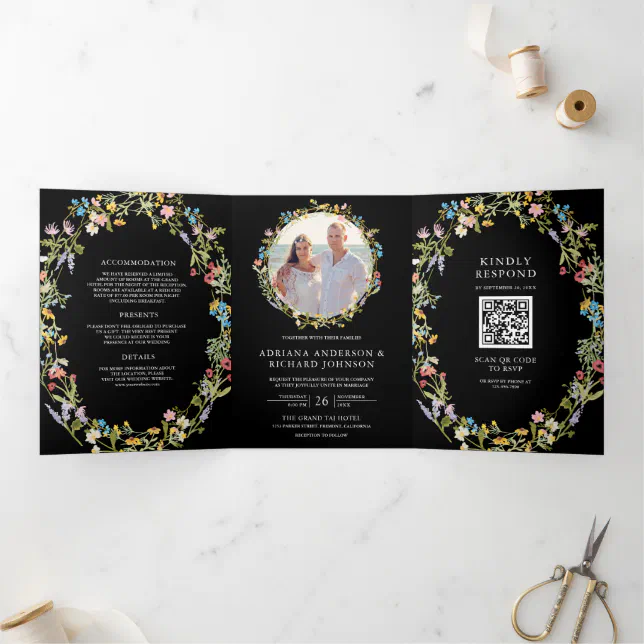 Rustic Boho Wildflower Photo QR Code Black Wedding Tri-Fold Invitation ...