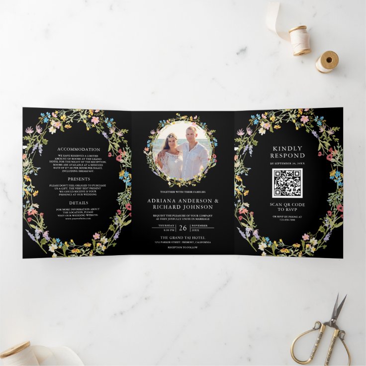 Rustic Boho Wildflower Photo QR Code Black Wedding Tri-Fold Invitation ...