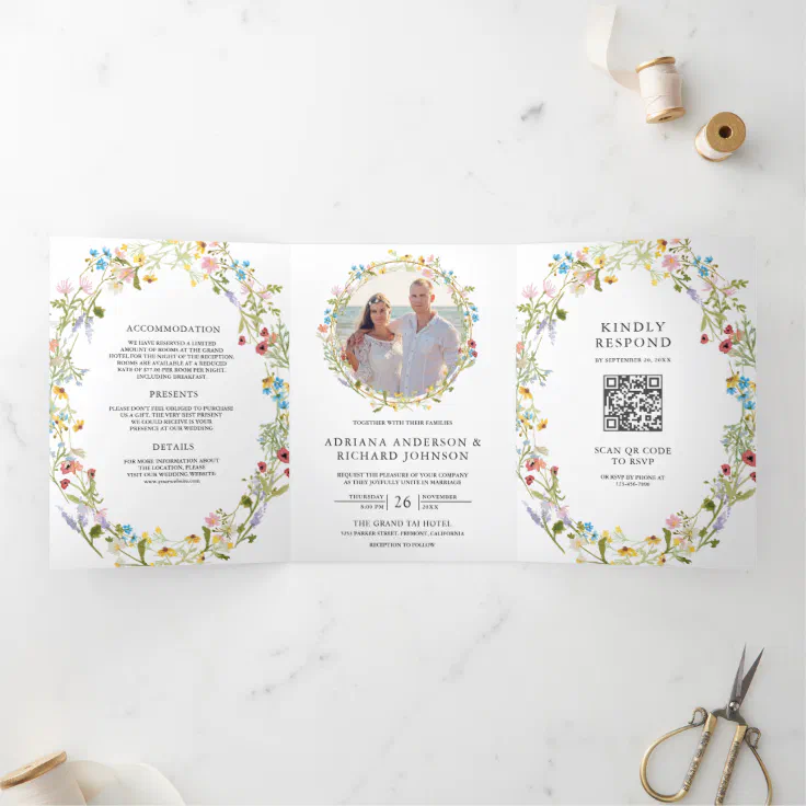 Rustic Boho Wildflower Photo QR Code Wedding Tri-Fold Invitation | Zazzle