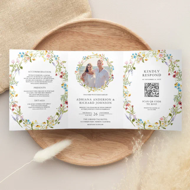 Rustic Boho Wildflower Photo QR Code Wedding Tri-Fold Invitation | Zazzle