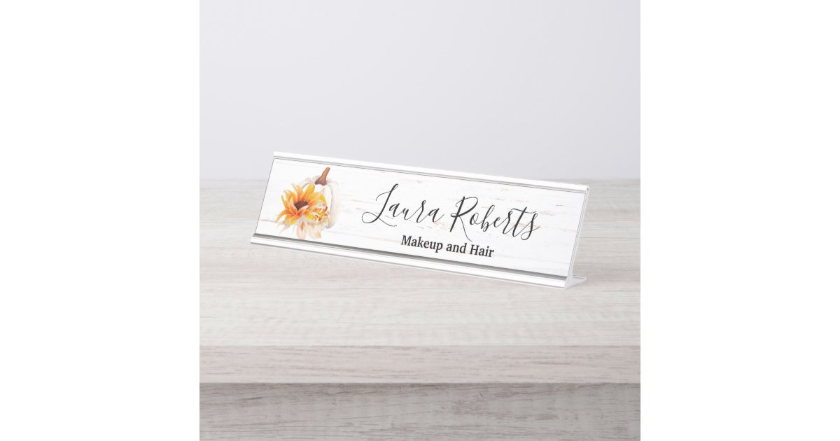 Rustic Boho Wood Watercolor Sunflower Pumpkin Desk Name Plate | Zazzle