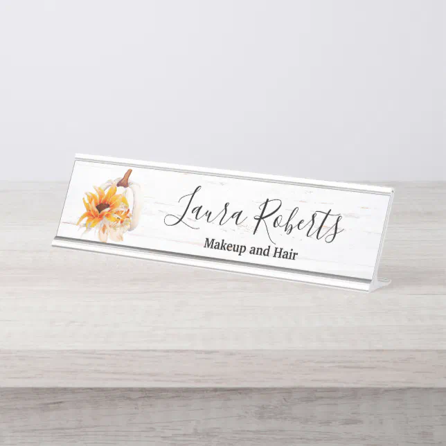 Rustic Boho Wood Watercolor Sunflower Pumpkin Desk Name Plate | Zazzle