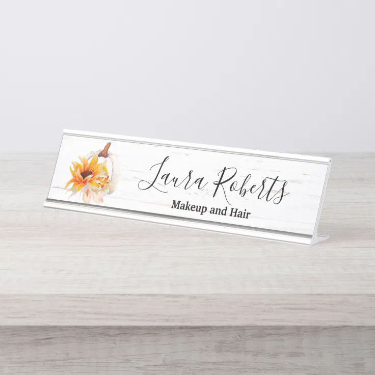 Rustic Boho Wood Watercolor Sunflower Pumpkin Desk Name Plate | Zazzle