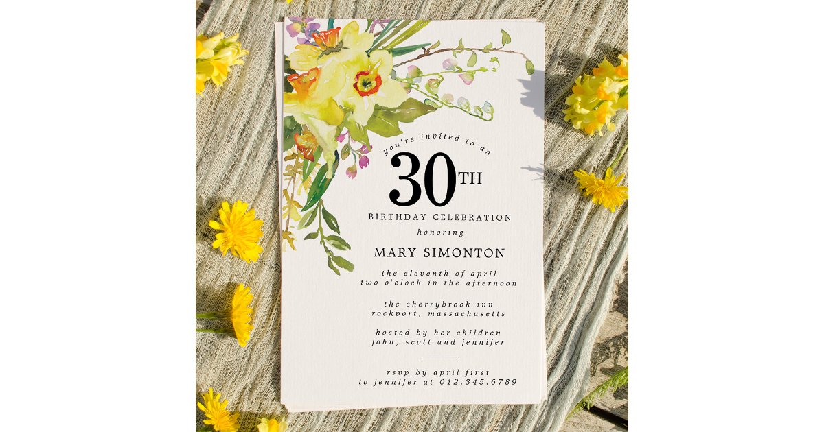 Rustic Boho Yellow Daffodil 30th Birthday Invitation | Zazzle