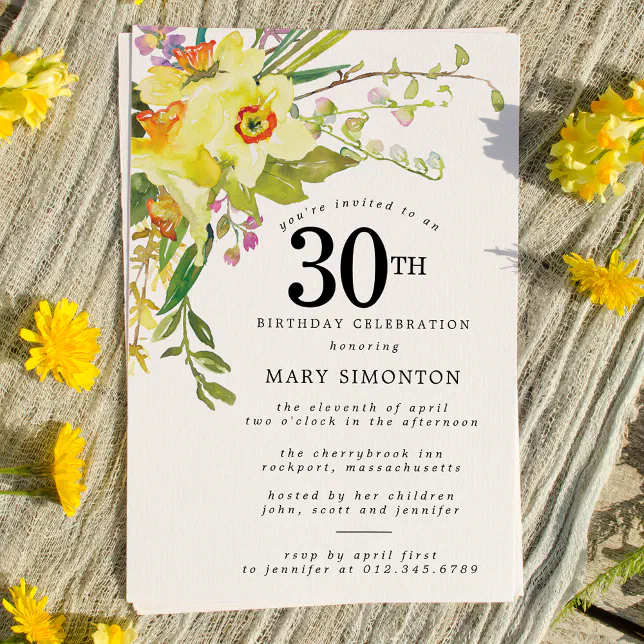 Rustic Boho Yellow Daffodil 30th Birthday Invitation | Zazzle