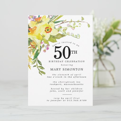 Rustic Boho Yellow Daffodil 50th Birthday Invitation Zazzle