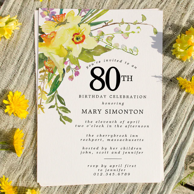 Rustic Boho Yellow Daffodil 80th Birthday Invitation | Zazzle