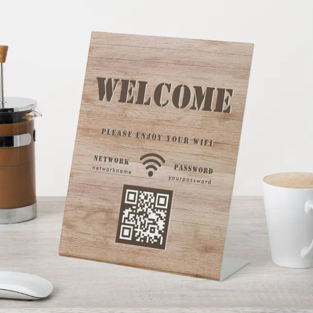Rustic Bold Wood Grain Welcome WIFI QR Code Pedestal Sign | Zazzle