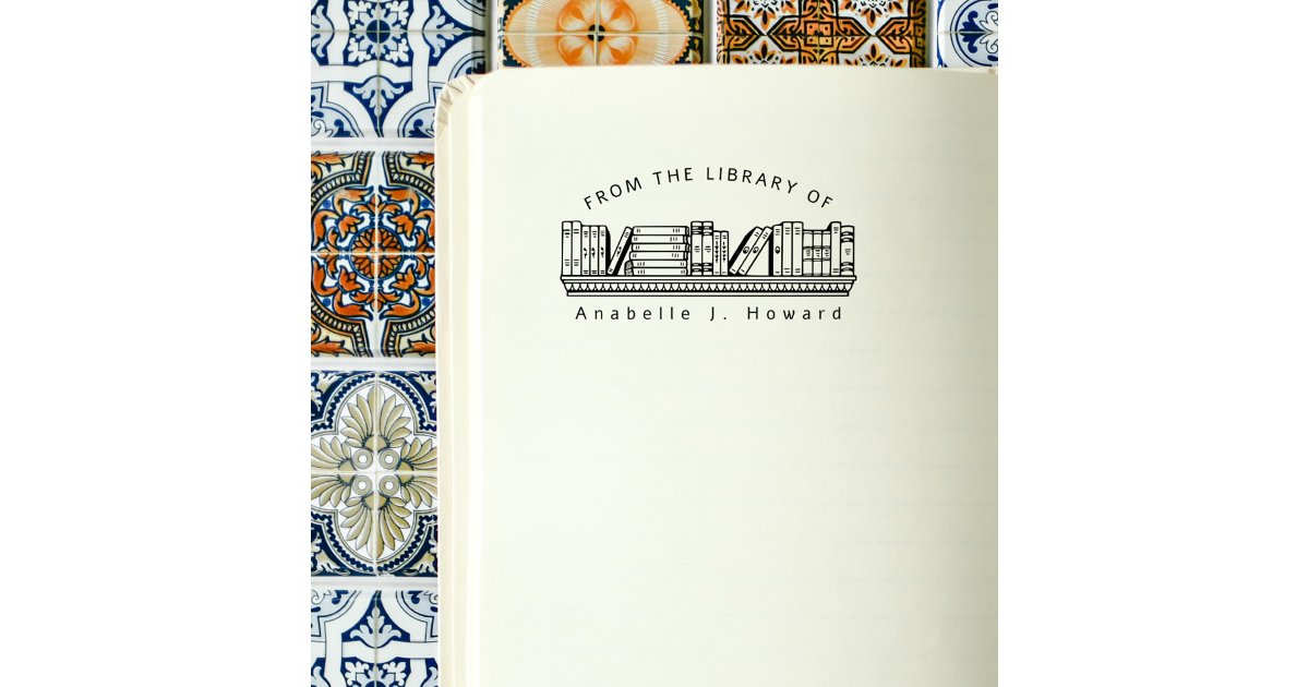 Rustic Bookshelf Custom Name Library Books Rubber Stamp | Zazzle