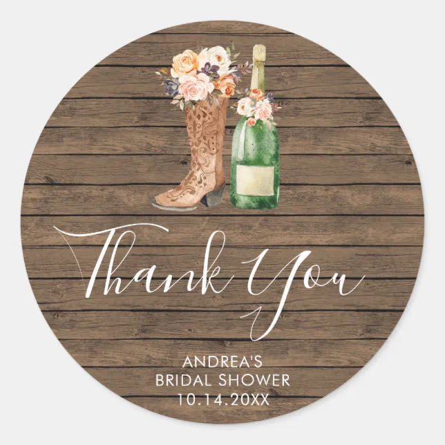 Rustic Boot Bubbly Bridal Shower Thank You Sticker | Zazzle