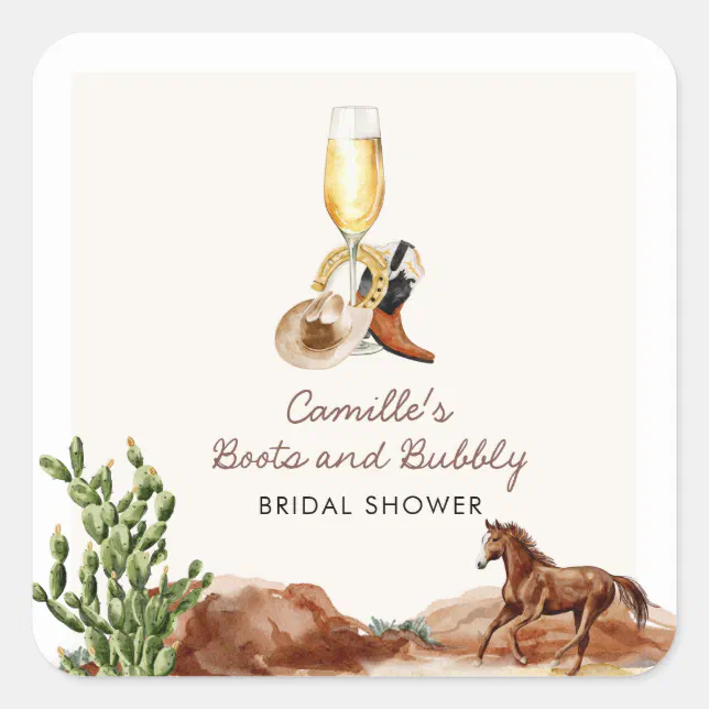 Rustic Boots and Bubbly Bridal Shower Square Sticker | Zazzle