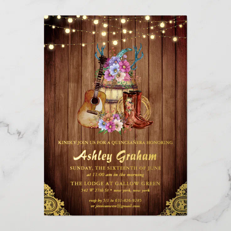 Rustic Boots Cowgirl Quinceañera 15th Birthday Inv Foil Invitation | Zazzle