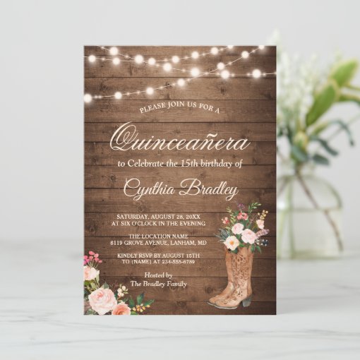 Rustic Boots Cowgirl Quinceañera 15th Birthday Invitation | Zazzle