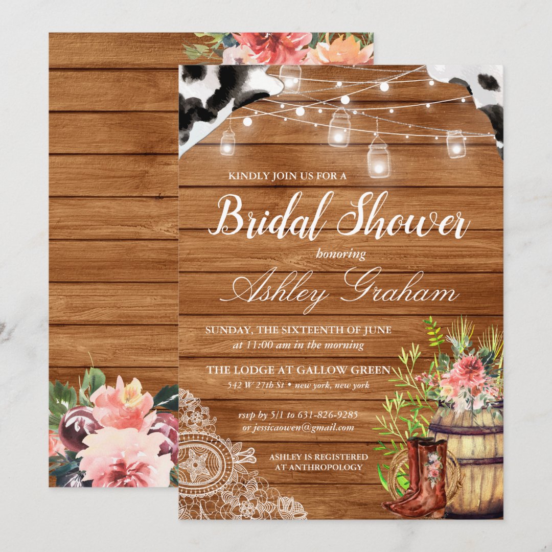 Rustic Boots Cowgirl Western Bridal Shower Invitation | Zazzle