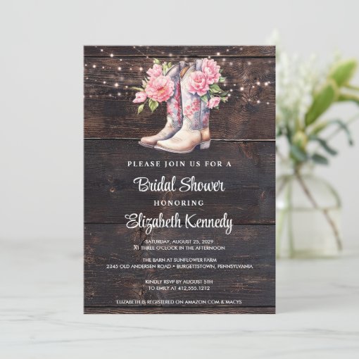 Rustic Boots Cowgirl Western Bridal Shower Invitation | Zazzle