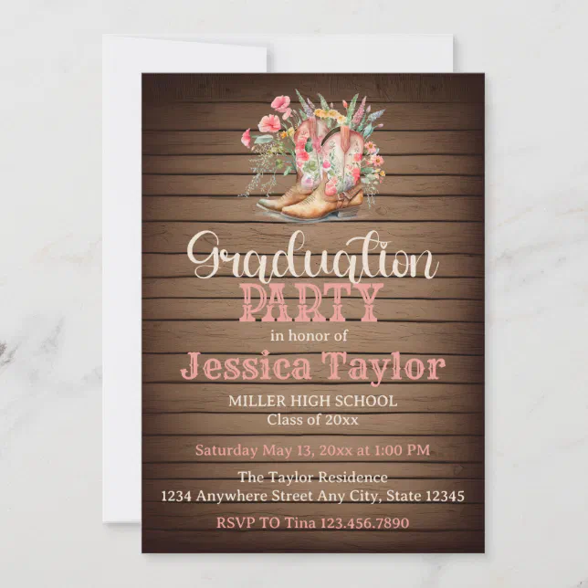 Rustic Boots Floral Pink Cowgirl Graduation Party Invitation | Zazzle