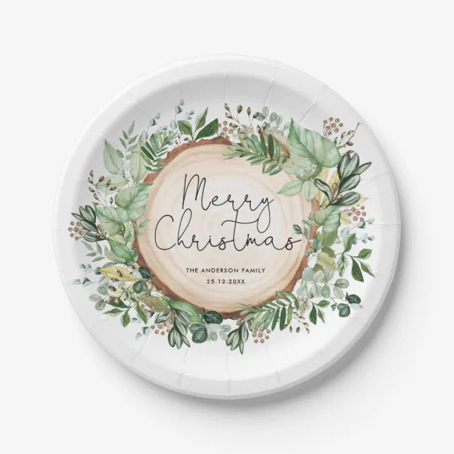 Rustic Botanical Greenery Merry Christmas Holiday Paper Plates | Zazzle