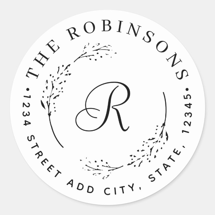 Rustic Botanical Wreath Monogram Return Address Classic Round Sticker ...