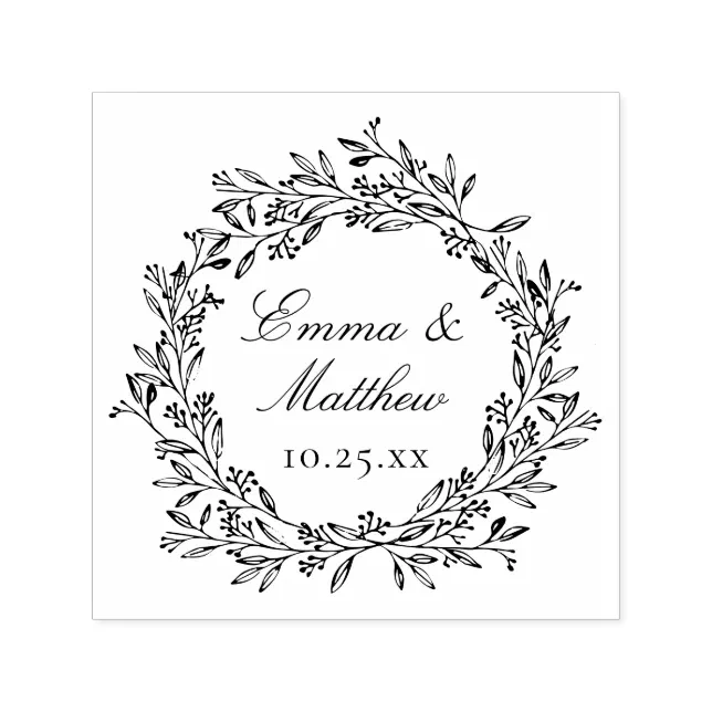 Rustic Botanical Wreath Wedding Logo Monogram Self-inking Stamp | Zazzle