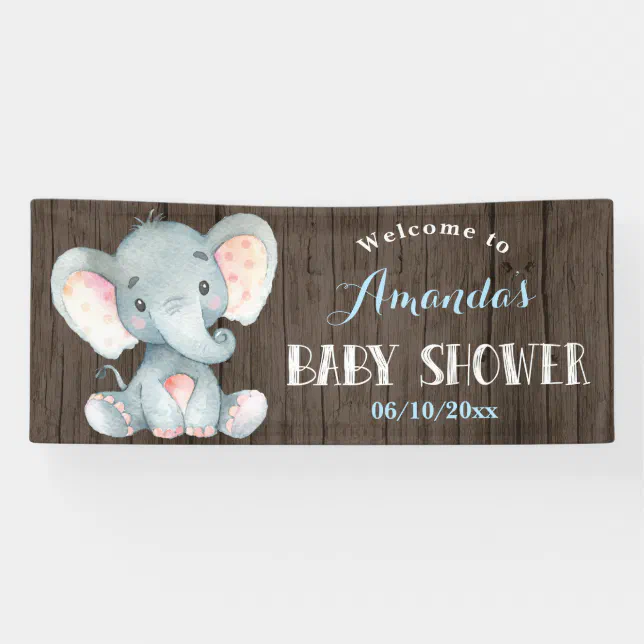 Rustic Boy Elephant Baby Shower Blue and Gray Banner | Zazzle