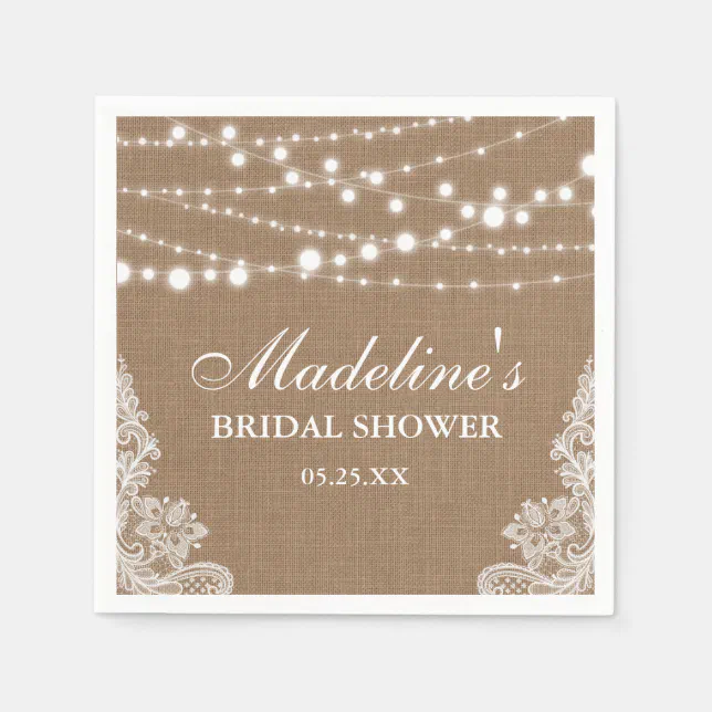 Rustic Bridal Shower Burlap String Lights Lace Napkins | Zazzle