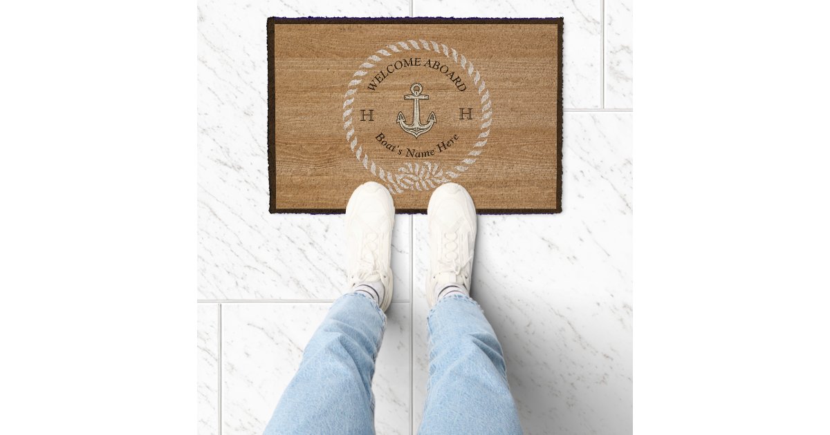 Rustic Brow Nautical Boat Name Anchor Rope Welcome Doormat | Zazzle